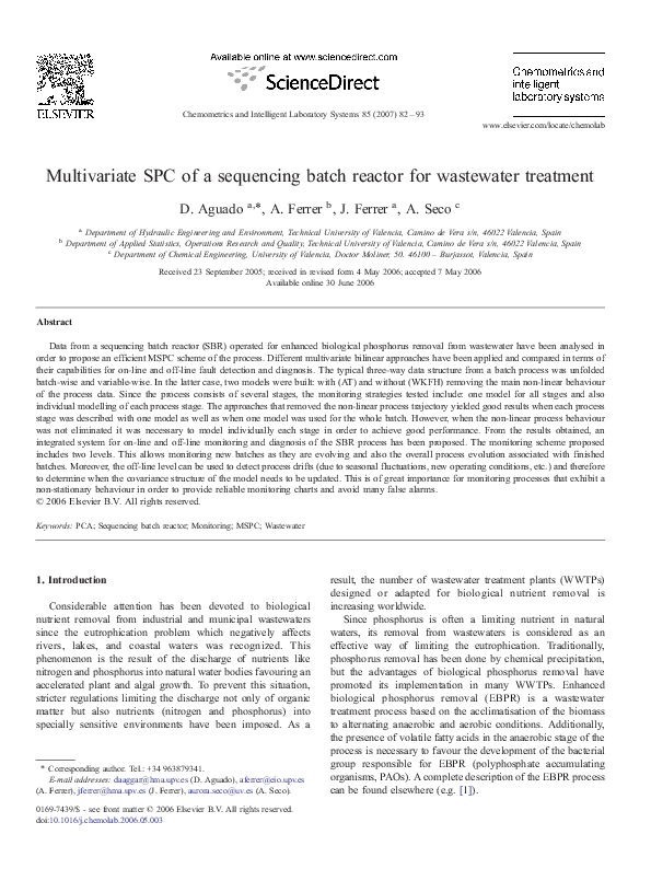 (PDF) Multivariate SPC of a sequencing batch reactor for wastewater treatment