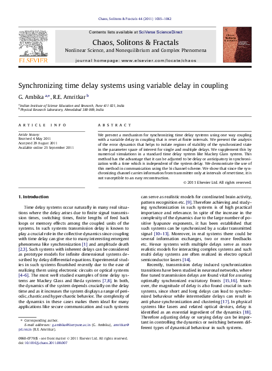 Pdf Synchronizing Time Delay Systems Using Variable Delay In Coupling