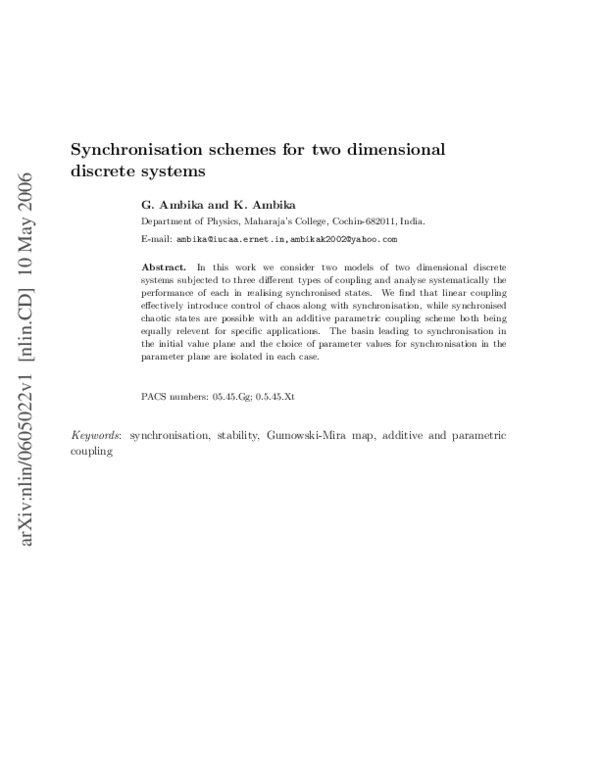 Pdf Synchronization Schemes For Two Dimensional Discrete Systems