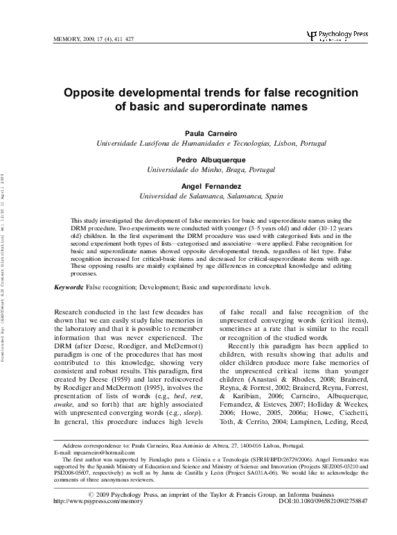 (PDF) Opposite developmental trends for false recognition of basic and ...