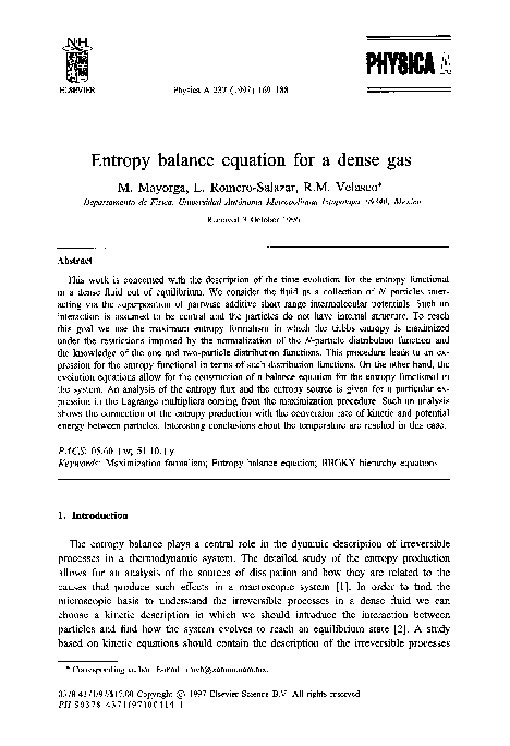 (PDF) Entropy balance equation for a dense gas