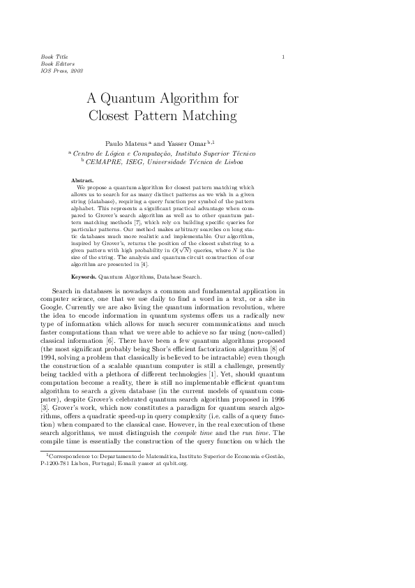 (PDF) A quantum algorithm for closest pattern matching