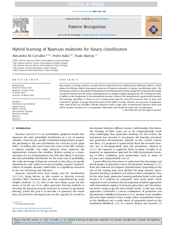 Pdf Hybrid Learning Of Bayesian Multinets For Binary Classification Paulo Mateus