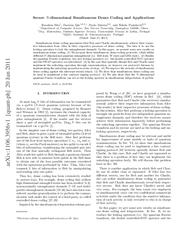 (PDF) Secure N -dimensional simultaneous dense coding and applications