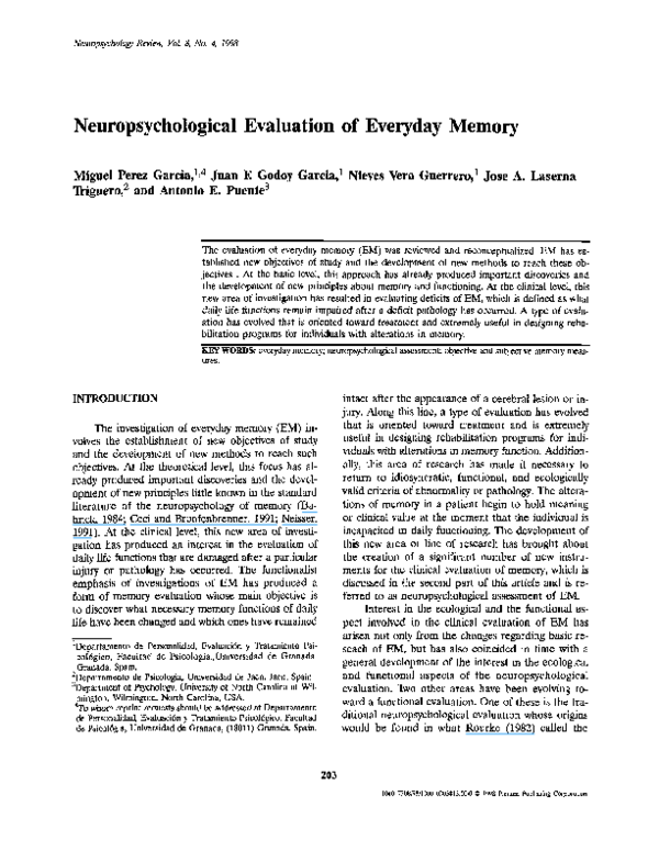 (PDF) Neuropsychological Evaluation of Everyday Memory