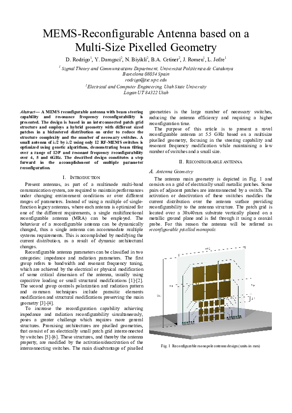 Pdf Mems Reconfigurable Antenna Based On A Multi Size Pixelled Geometry