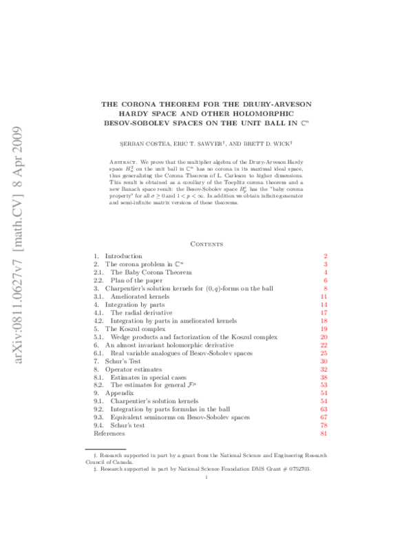 (PDF) The corona theorem for the Drury–Arveson Hardy space and other holomorphic Besov–Sobolev ...