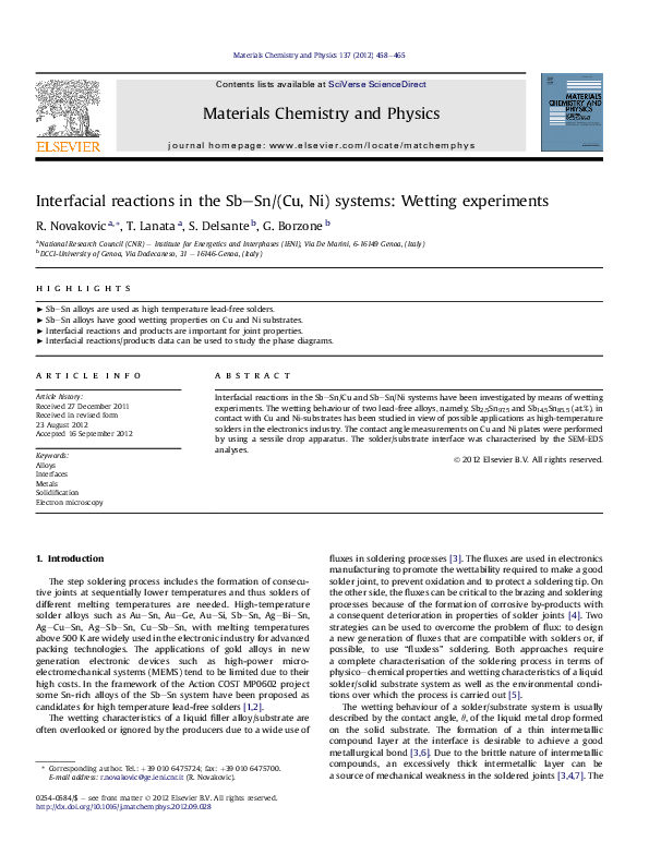 (PDF) Interfacial reactions in the Sb–Sn/(Cu, Ni) systems: Wetting experiments
