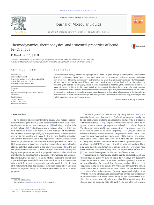 (PDF) Thermodynamics, thermophysical and structural properties of liquid Fe–Cr alloys