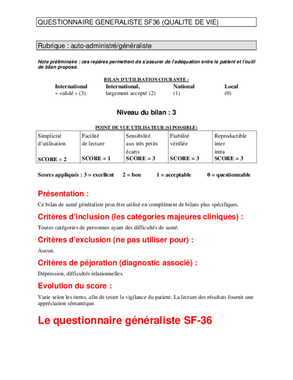 (PDF) QUESTIONNAIRE GENERALISTE SF36 (QUALITE DE VIE) Rubrique : auto ...