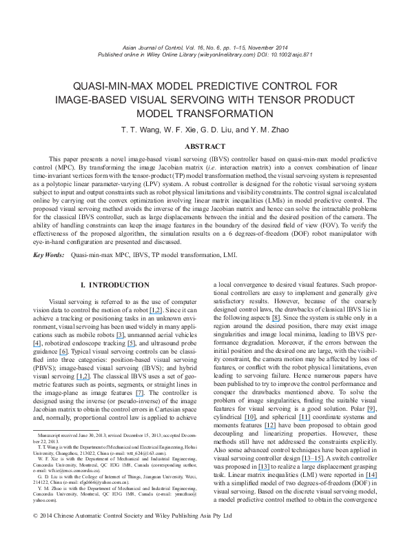 (PDF) Quasi-min-max model predictive control for image-based visual servoing