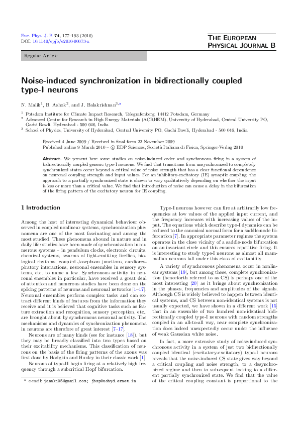 (PDF) Noise-induced synchronization in bidirectionally coupled type-I neurons