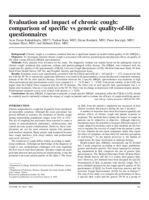 Pdf Evaluation And Impact Of Chronic Cough Comparison Of Specific Vs Generic Quality Of Life 