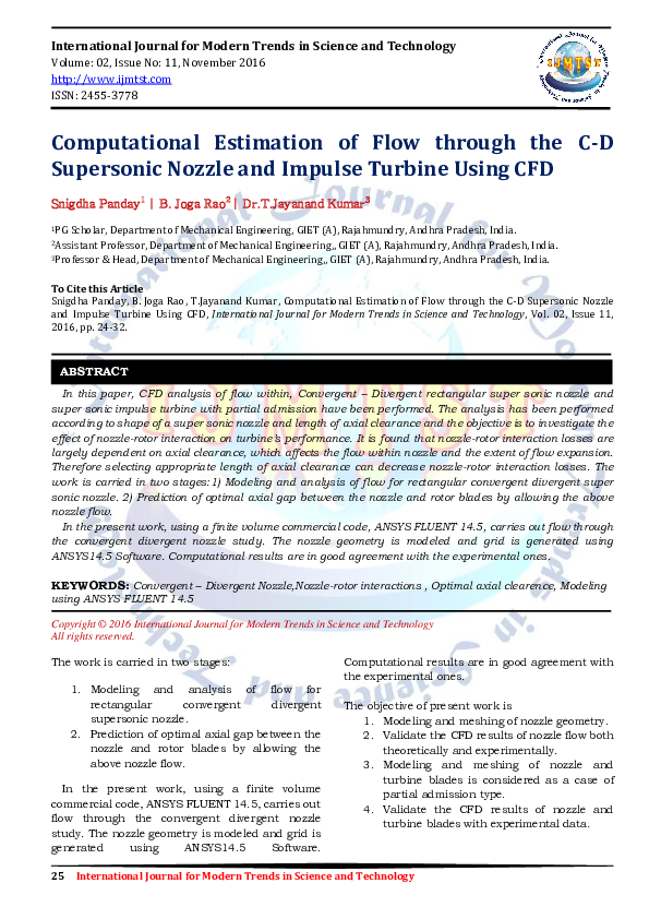 Pdf Computational Estimation Of Flow Through The C D Supersonic Nozzle And Impulse Turbine