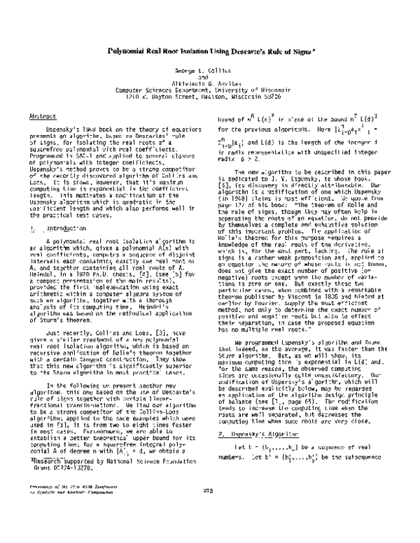 (PDF) Polynomial real root isolation using Descarte's rule of signs