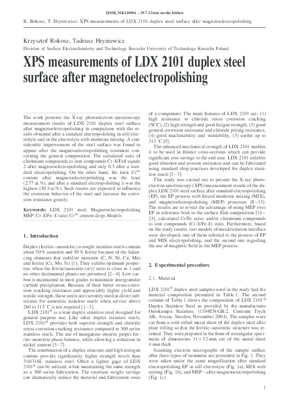 (PDF) XPS measurements of LDX 2101 duplex steel surface after ...