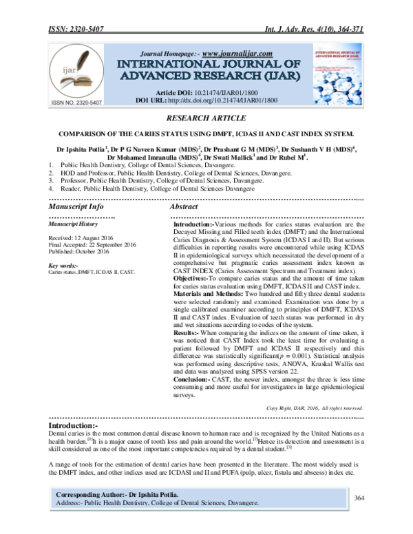 (PDF) COMPARISON OF THE CARIES STATUS USING DMFT, ICDAS II AND CAST ...