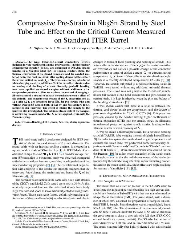 (PDF) Compressive pre-strain in Nb3Sn strand by steel tube and effect ...