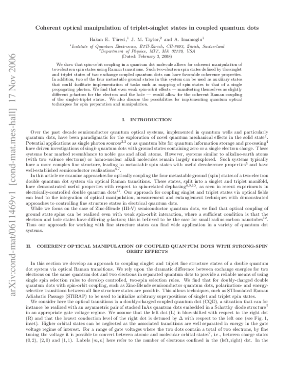 (PDF) Coherent optical manipulation of triplet-singlet states in ...
