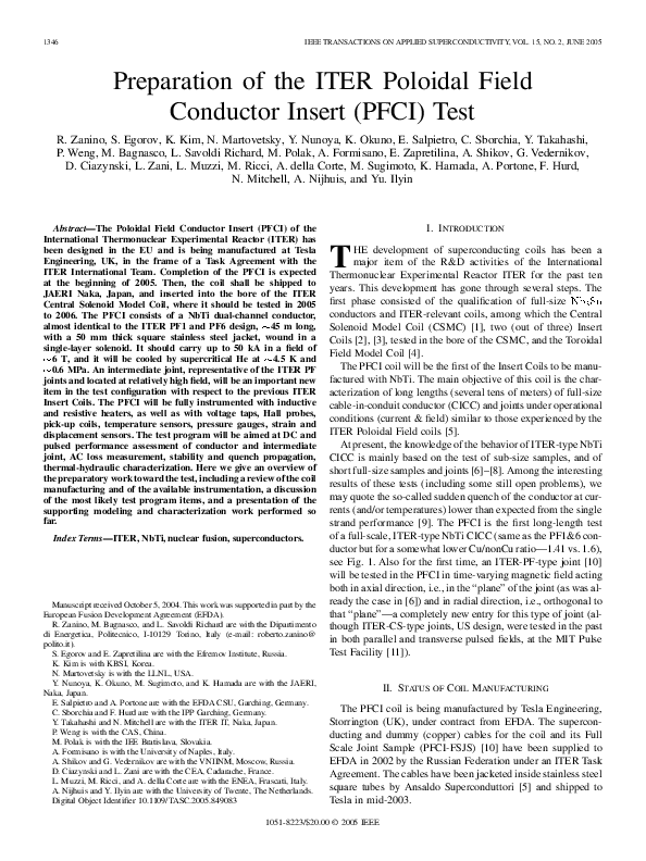 (PDF) Test Results of the ITER PF Insert Conductor Short Sample in ...