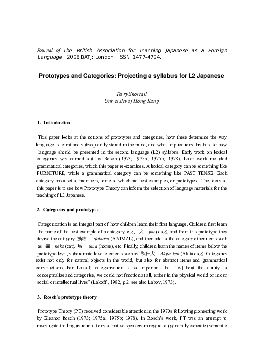 (DOC) Prototypes and Categories: Projecting a syllabus for L2 Japanese