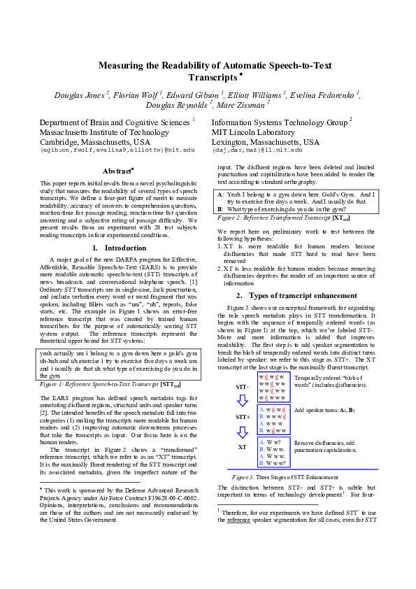 Pdf Measuring The Readability Of Automatic Speech To Text Transcripts