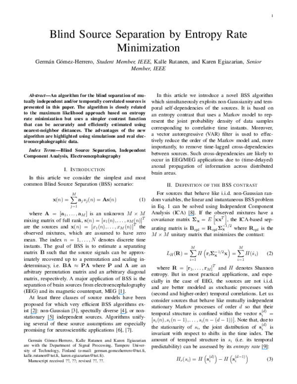 (PDF) Blind Source Separation by Entropy Rate Minimization