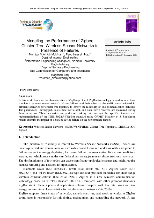 Pdf Modeling The Performance Of Zigbee Cluster Tree Wireless Sensor Networks In Presence Of