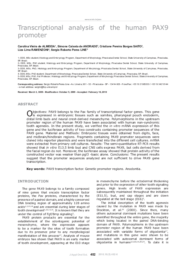 (PDF) Transcriptional analysis of the human PAX9 promoter
