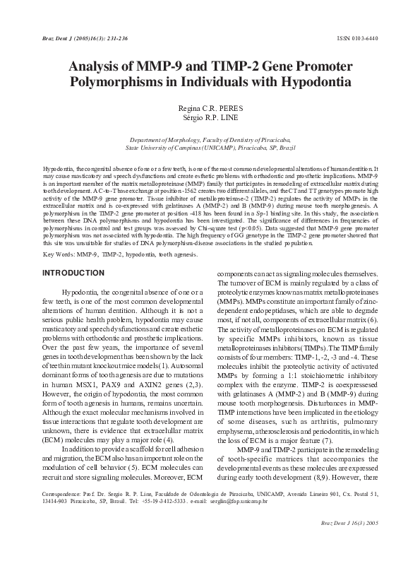 (PDF) Analysis of MMP-9 and TIMP-2 gene promoter polymorphisms in individuals with hypodontia