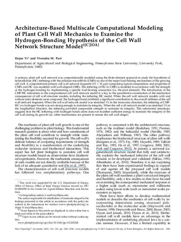 (PDF) Architecture-Based Multiscale Computational Modeling of Plant Cell Wall Mechanics to ...