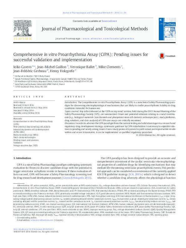 (PDF) Comprehensive in vitro Proarrhythmia Assay (CiPA): Pending issues ...