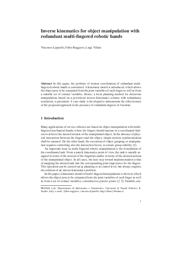 (PDF) Inverse Kinematics for Object Manipulation with Redundant Multi-fingered Robotic Hands