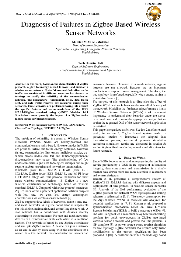 (PDF) Diagnosis of Failures in Zigbee Based Wireless Sensor Networks