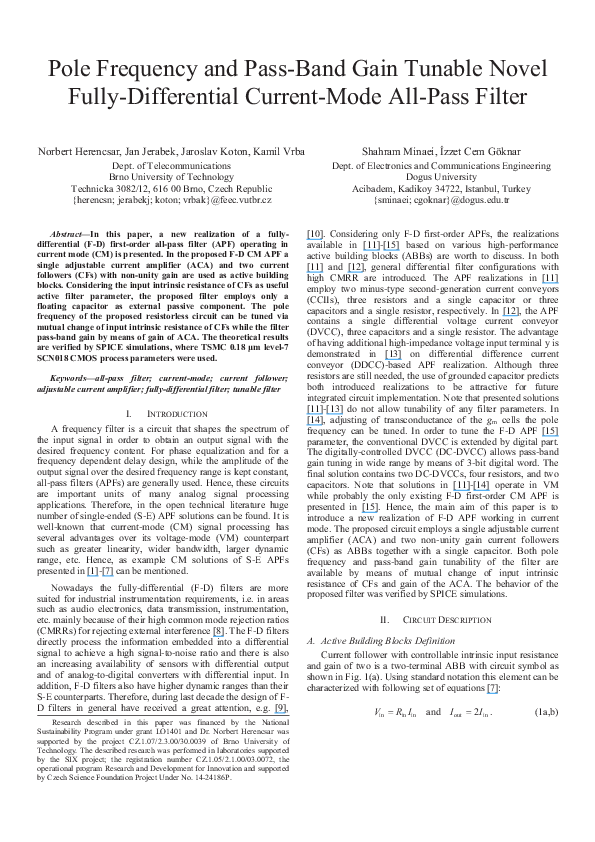 (PDF) Pole frequency and pass-band gain tunable novel fully-differential current-mode all-pass ...