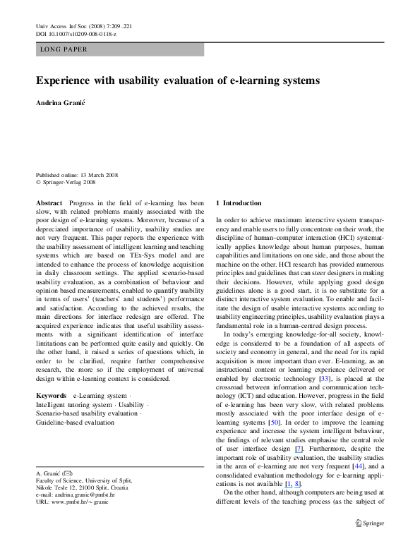 Pdf Experience With Usability Evaluation Of E Learning Systems