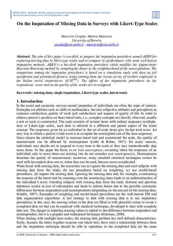 Pdf On The Imputation Of Missing Data In Surveys With Likert Type Scales