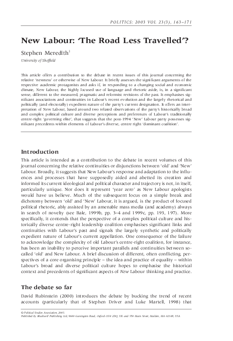 (PDF) New Labour: 'The Road Less Travelled'?