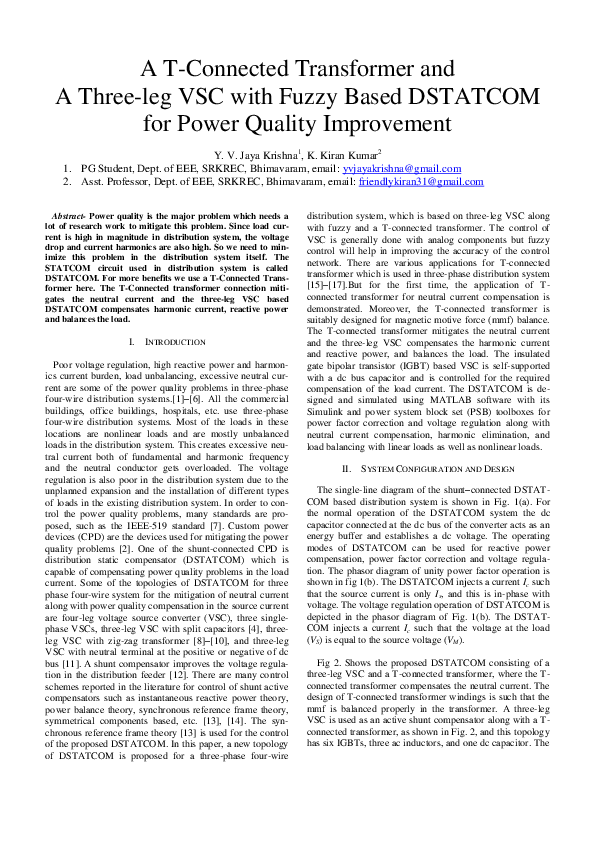 Pdf A T Connected Transformer And A Three Leg Vsc With Fuzzy Based