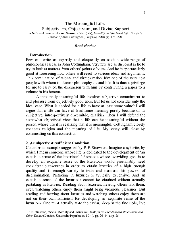 (DOC) The Meaningful Life: Subjectivism, Objectivism, and Divine Support