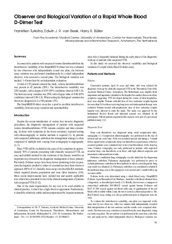 (PDF) Observer and biological variation of a rapid whole blood D-dimer test