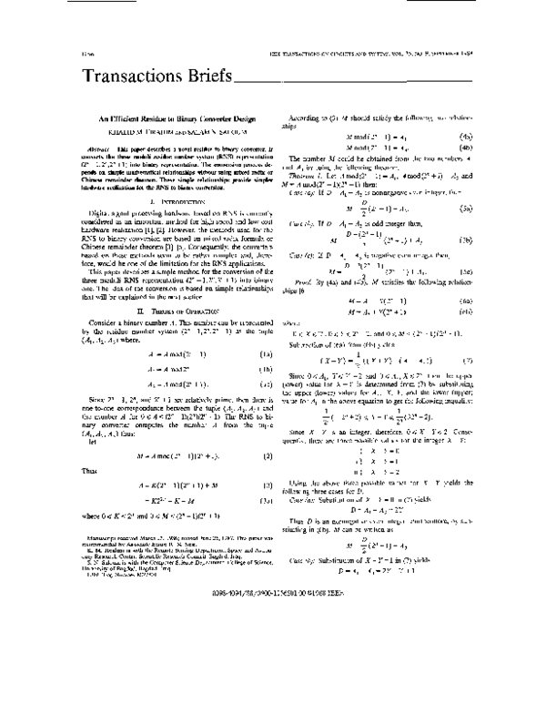 Pdf Transactions Briefs An Efficient Residue To Binary Converter Design