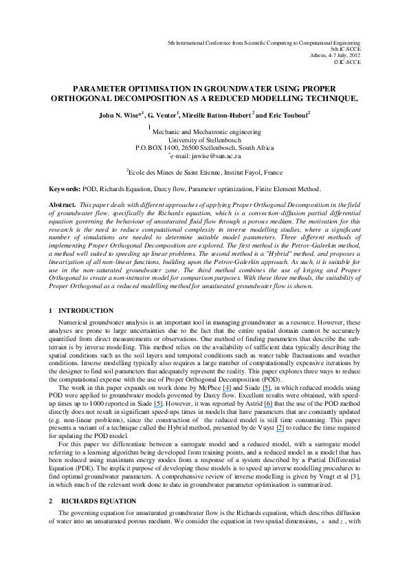 Pdf Parameter Optimisation In Groundwater Using Proper Orthogonal Decomposition As A Reduced