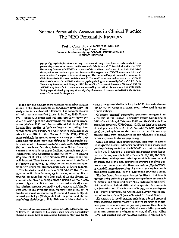 (PDF) Normal personality assessment in clinical practice: The NEO ...