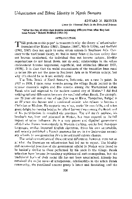 (PDF) Urbanization and Ethnic Identity in North Sumatra | Edward Bruner ...