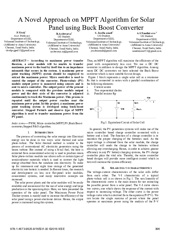 Pdf A Novel Approach On Mppt Algorithm For Solar Panel Using Buck