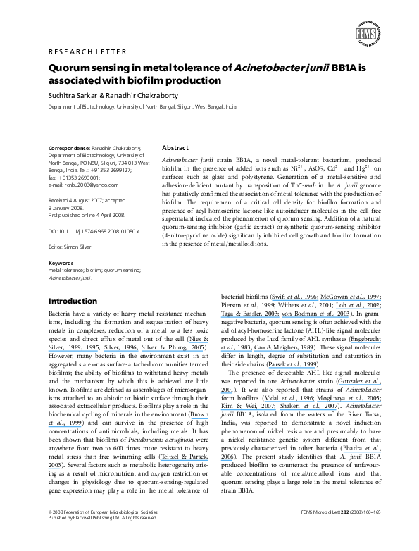 (PDF) Quorum sensing in metal tolerance of Acinetobacter junii BB1A is ...