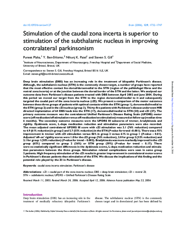 (PDF) Stimulation of the caudal zona incerta is superior to stimulation ...
