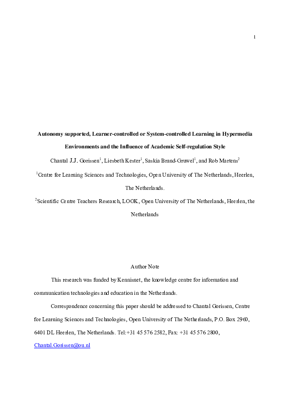 (PDF) Autonomy supported, Learner-controlled or System-controlled Learning in Hypermedia ...