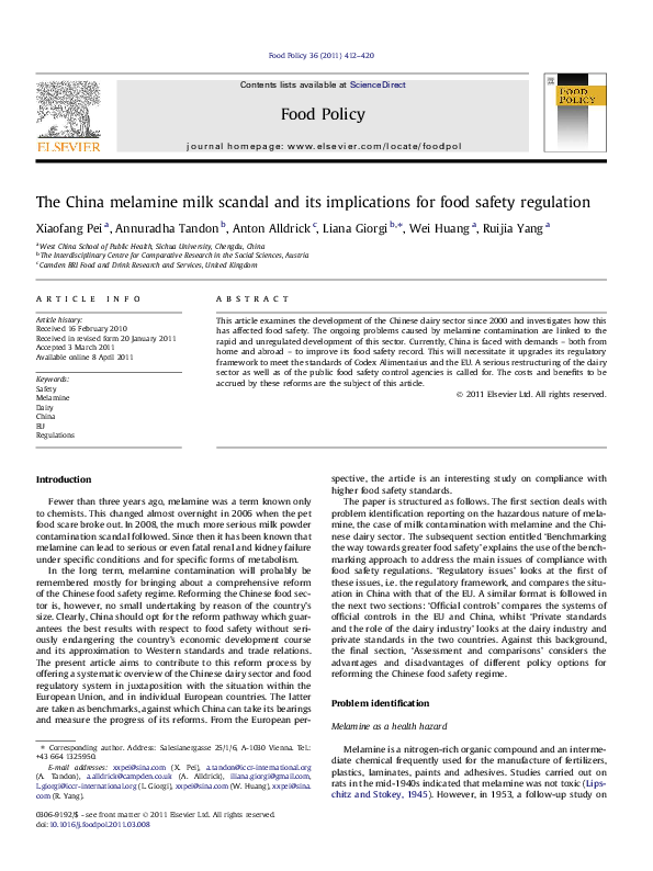 (PDF) The China melamine milk scandal and its implications for food ...